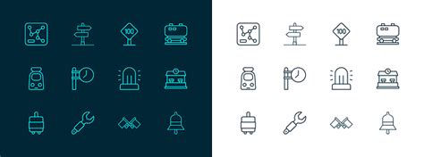 세트 라인 석유 철도 수 조 렌치 스패너 성 노출증 사이렌 깃발 기차역 시계 속도 제한 교통 표지판 100km 철도지도 및 도로 아이콘 벡터 간판에 대한 스톡 벡터 아트 및