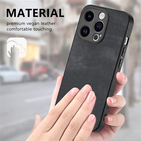 Iphone 15 Pro Max용 빈티지 가죽 Pc 뒷면 커버 폰 케이스 블랙