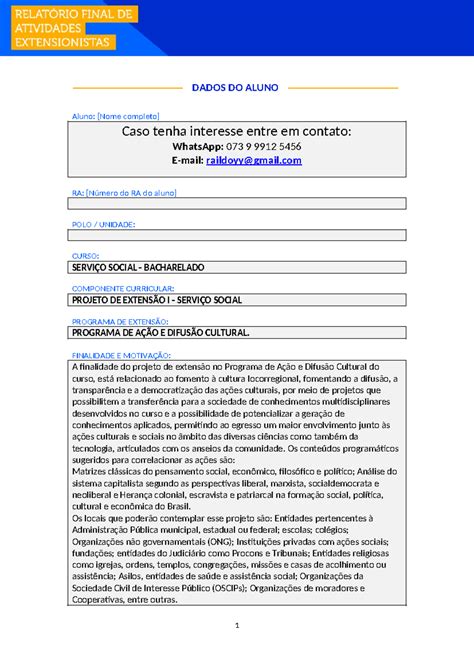 Projeto DE Extensão I Serviço Social Programa DE AÇÃO E Difusão Cultural DADOS DO ALUNO