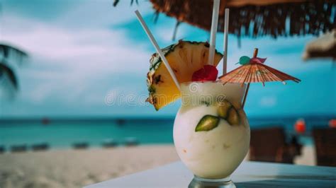 A Tropical Pina Colada Drink On Counter Top Of Beach Bar Ai Generative
