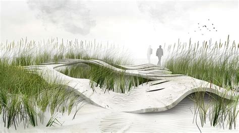 Abstract Architectural Design Curved Walkway In A Grassy Landscape