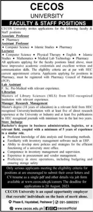 Cecos University Peshawar Jobs 2023