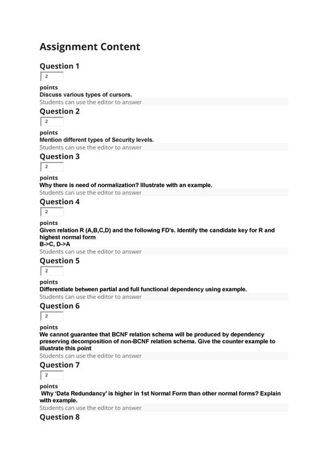 Assignment PRACTICE Questions Related To Dbms Assignment Content Question Points Discuss