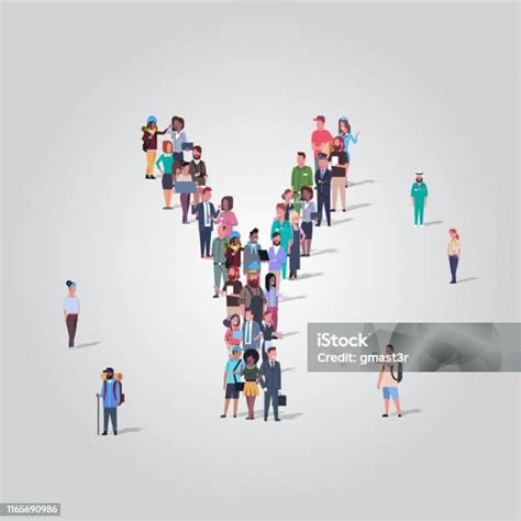 큰 사람들 군중 수집 모양 문자 Y 다른 직업 직원 그룹 함께 영어 알파벳 개념 전체 길이 서 알파벳 Y에 대한 스톡 벡터 아트