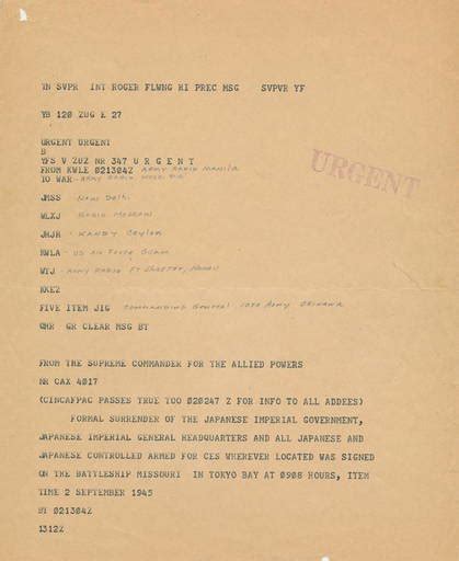 Original Army Teletype Announcing Surrender Of Japan