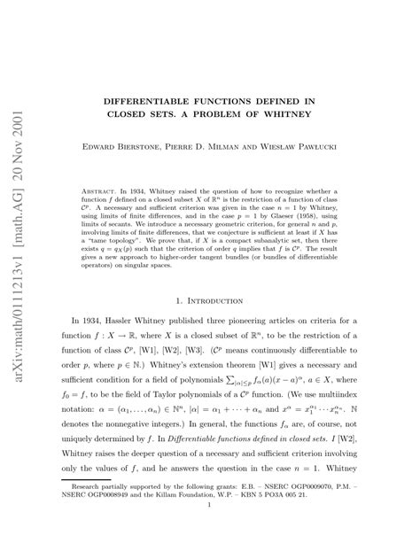 pdf differentiable functions defined in closed sets a problem of whitney