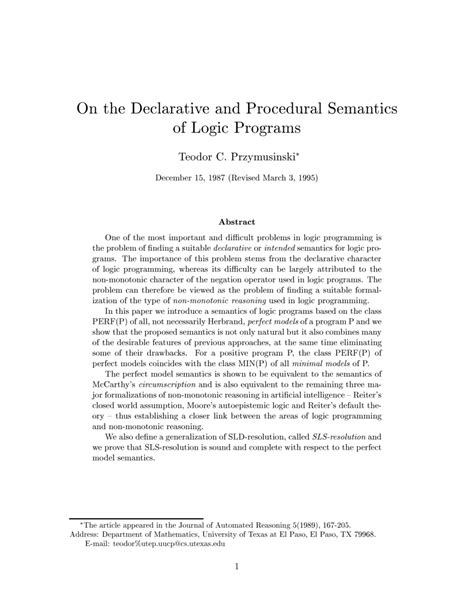 PDF On The Declarative And Procedural Semantics Of Logic Programs