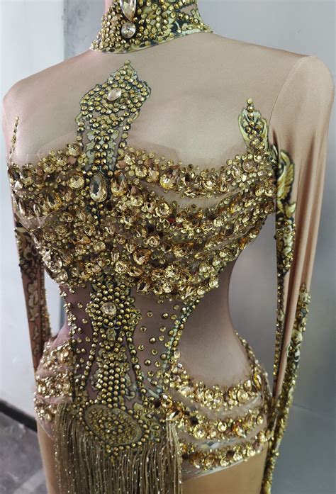 Glitter Sparkly Gold Crystals Fringes Leotard Womens Rhinestones