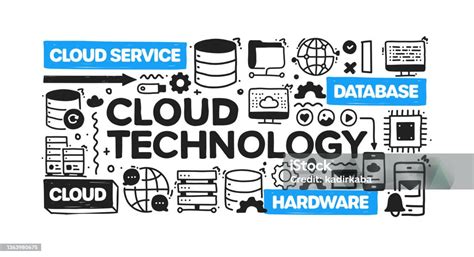클라우드 기술 개체 및 요소 벡터 낙서 일러스트 컬렉션입니다 손으로 그린 아이콘 세트 또는 배너 템플릿 낙서 드로잉에 대한 스톡