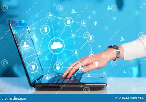 Hand Using Laptop With Centralized Linked Cloud System Concept Stock Image Image Of Finance