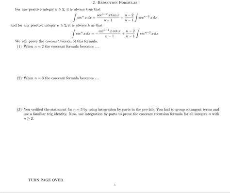 Solved N N Il Sec N REDUCTION FORMULAS For Any Chegg
