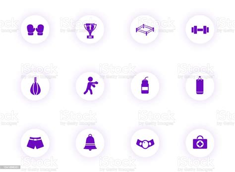 보라색 그림자와 라이트 라운드 버튼에 권투 보라색 색상 벡터 아이콘 웹 모바일 앱 Ui 디자인 및 인쇄를 위한 권투 아이콘 세트 Championship에 대한 스톡 벡터