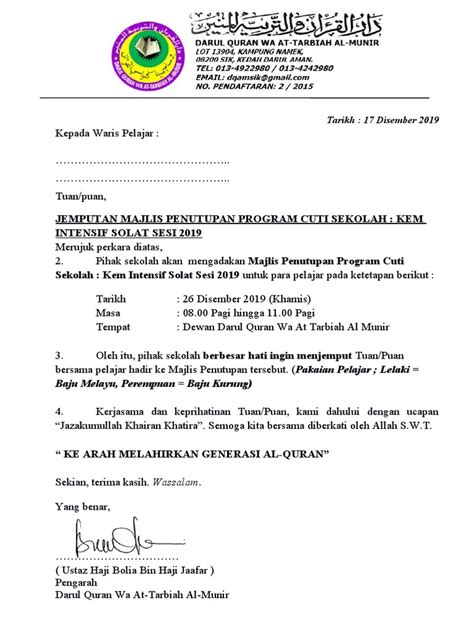 Surat Jemputan Penutupan Program Cuti Sekolah Pdf
