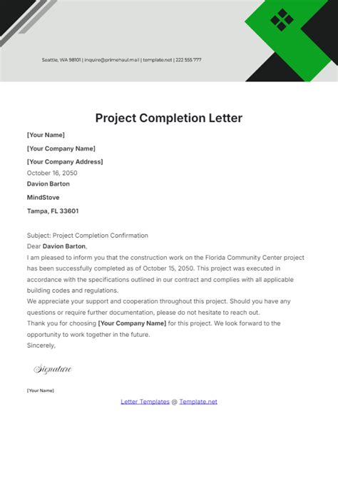 Project Completion Letter Format
