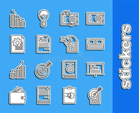 Set Line Target With Graph Chart Board Resume Stacks Paper Money Cash Safe And Resume
