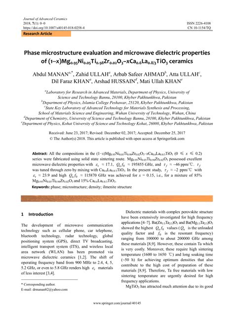 Pdf Phase Microstructure Evaluation And Microwave Dielectric Properties Of 1−xmg095ni0