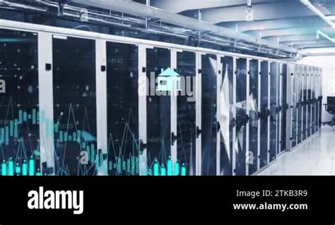 Animation Of Graphs Icons And Connected Dots On Data Server Racks In
