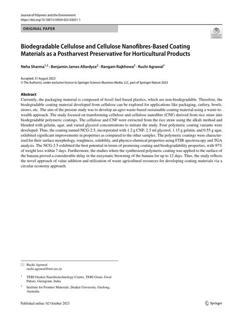 PDF Biodegradable Cellulose And Cellulose Nanofibres Based Coating Materials As A Postharvest