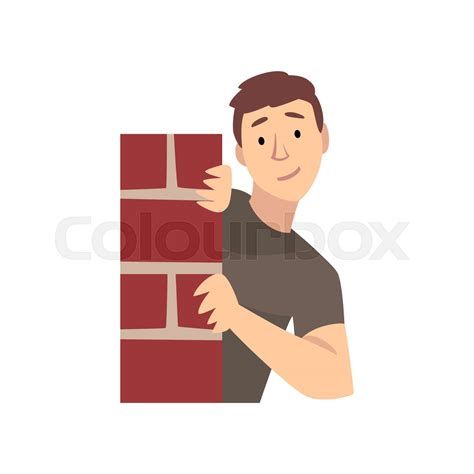 Young Man Looking From Behind Corner Of Brick Wall Cartoon Vector