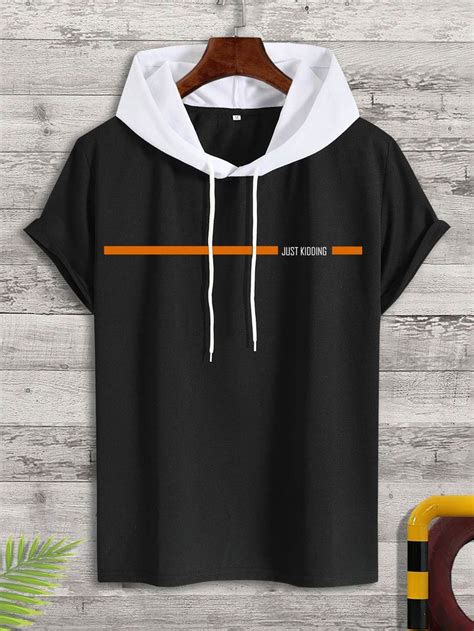 Mens Slogan Graphic Colorblock Hooded Tee