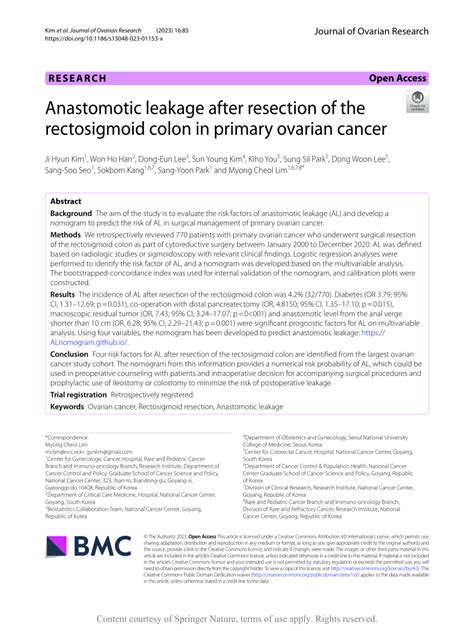 Pdf Anastomotic Leakage After Resection Of The Rectosigmoid Colon In Primary Ovarian Cancer