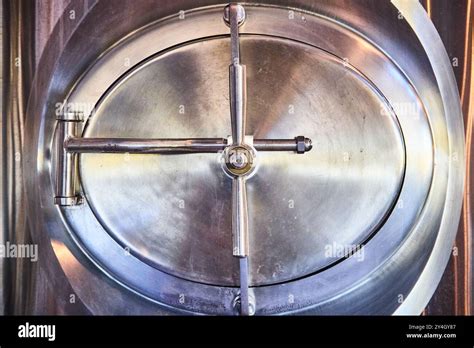 Industrial Metal Hatch With Locking Mechanism Eye Level View Stock Photo Alamy