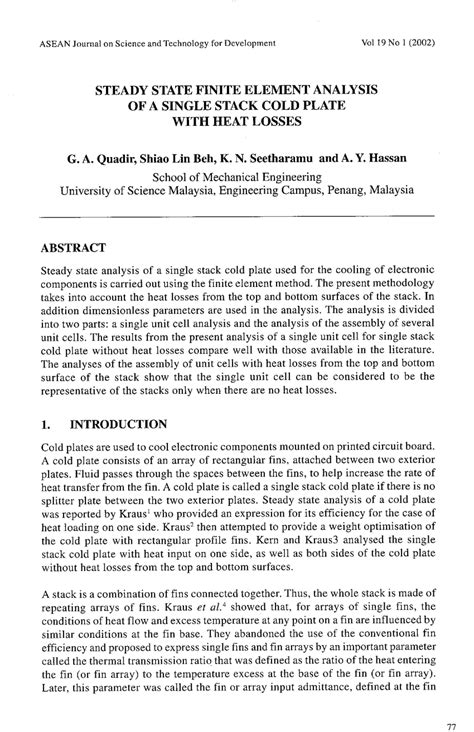 Pdf Steady State Finite Element Analysis Of A Single Stack Cold Plate
