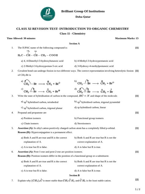 Class Xi Organic Chemistry Revision Test Questions Pdf Isomer