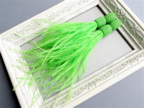 Beads Tassel Earrings Green Feather Earrings Oscar Earrings Green Clip