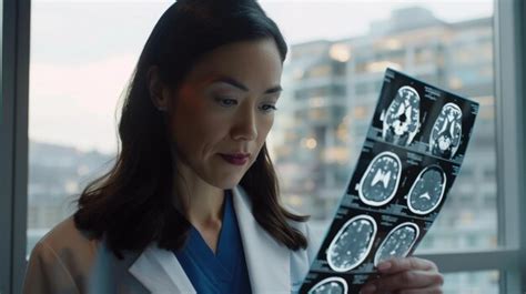 Focused Female Doctor Examining Brain Scans Displayed On A Lightbox Or
