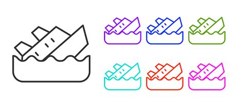 흰색 배경에 고립 된 검은 줄 침몰 유람선 아이콘 여행 관광 해상 교통 항해 여객선 크루즈 라이너 다채로운 아이콘을 설정합니다