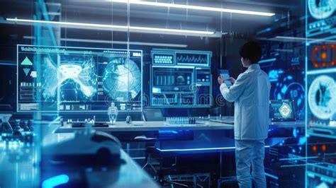 Scientist Analyzing Data On A Digital Screen In A Futuristic Lab Stock