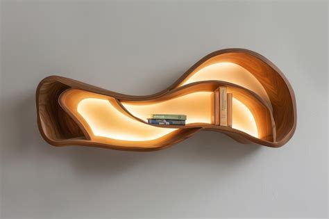 Modern Wooden Bookshelf With Integrated LED Lighting Showcasing Books On A Minimalist Wall