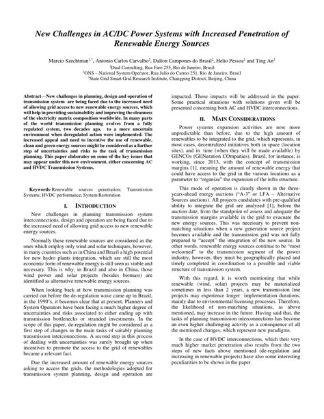 Pdf New Challenges In Acdc Power Systems With Increased Penetration Of Renewable Energy Sources