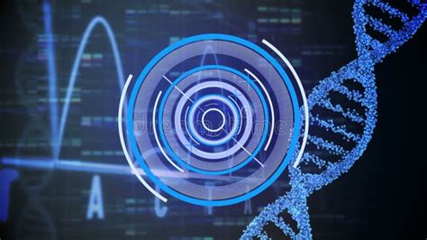Animation Of Neon Round Scanner Spinning Dna Structure Heart Monitor