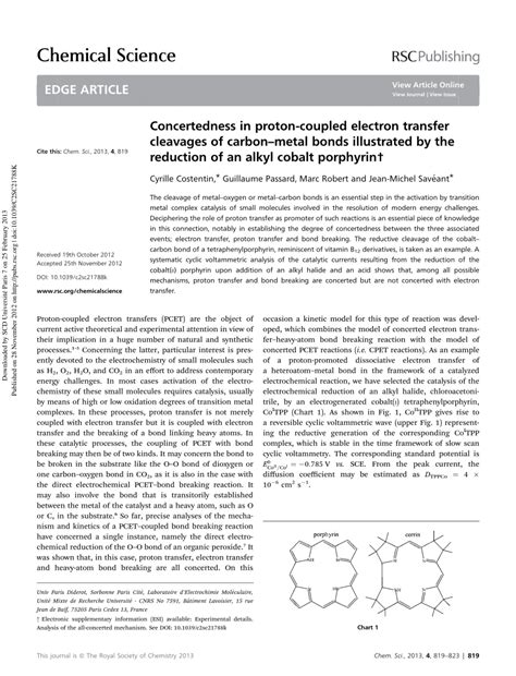 Pdf Concertedness In Proton Coupled Electron Transfer Cleavages Of Carbon Metal Bonds