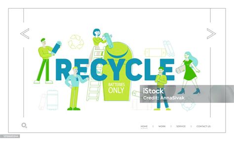 배터리 재활용 방문 페이지 템플릿 작은 사람들 문자 컨테이너에 거 대 한 배터리 쓰레기를 넣어 쓰레기 처리 깨끗한 환경 생태 환경 보전 선형 벡터 일러스트레이션 개념에 대한