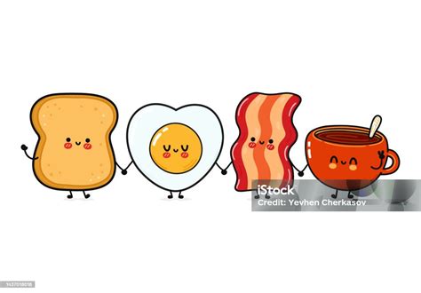 커피 토스트 베이컨과 계란 후라이의 귀여운 행복한 컵 벡터 손으로 그린 만화 Kawaii 캐릭터 그림 아이콘입니다 커피 토스트
