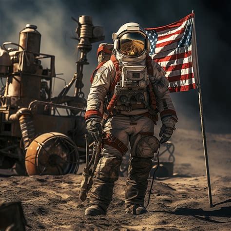 Premium Photo A Man In An Astronaut Suit Stands In Front Of A Flag