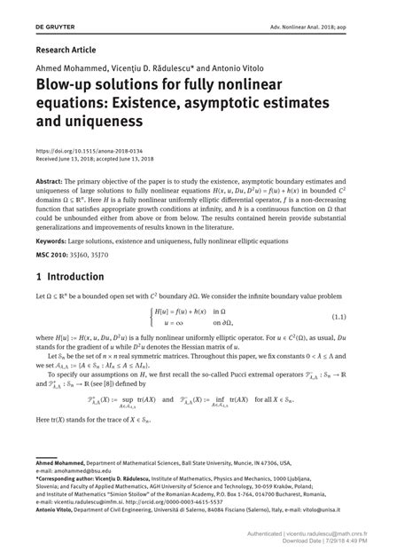 Pdf Blow Up Solutions For Fully Nonlinear Equations Existence Asymptotic Estimates And