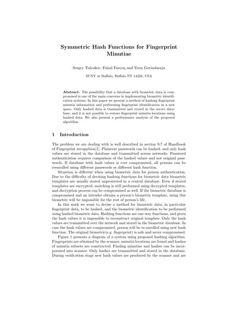 Pdf Symmetric Hash Functions For Fingerprint Minutiae