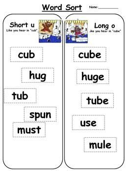 Short U Long U Word SortThis Literacy Center Activity Teaches Beginning