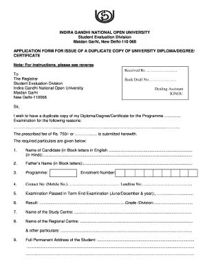Application Form For Obtaining Duplicate Ignou Ac In Ignou Ac Fill And Sign Printable