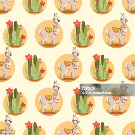 알파카와 선인장 식물로 일러스트레이션 흰색 배경에 벡터 원활한 패턴 라마 귀여운에 대한 스톡 벡터 아트 및 기타 이미지 귀여운 꽃 식물 낙서 드로잉 Istock