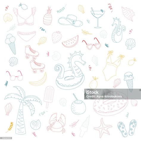 귀여운 낙서 만화 여름 요소 세트 아이스크림 수영복 수영장 반지 과일 조개 껍질 등 포스터 스티커 디자인 스크랩북에 대한 여름 시간 개념 0명에 대한 스톡 벡터 아트 및