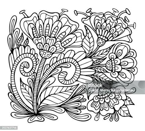 색칠 공부 페이지 꽃다발 꽃 라인 아트입니다 꽃 패턴 정원 식물 새싹 잎 손으로 그린 낙서 벡터 그림입니다 어린이와 성인을 위한 여름 색칠 공부 0명에 대한 스톡 벡터 아트