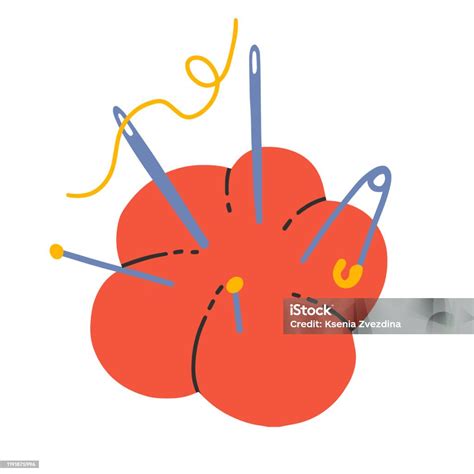 퍼프 패드 용 바늘 바느질 패드 핀 클립 아트 간단한 손으로 그린 현대 낙서 그리기 트렌디 한 스케치 스타일의 고립 된 벡터