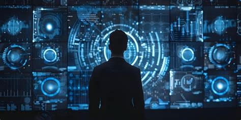 A Man Examines A Hightech Hologram In A Cybersecurity Center Setting Concept Hologram Technology