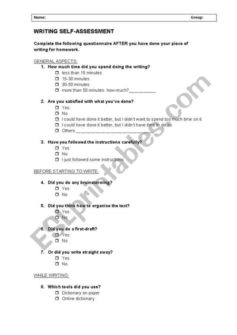 Writing Self Assessment Esl Worksheet By Crovira