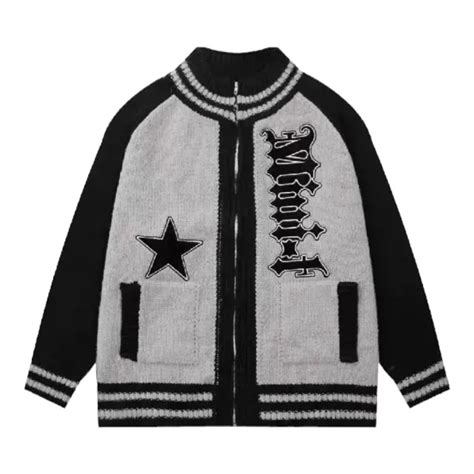 무채클럽 스타 레터링 배색 야구 니트 집업자켓 위시버킷